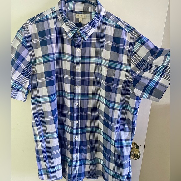 Sonoma | Shirts | Sonoma Mens Blue Purple Short Sleeve Plaid Button Up ...